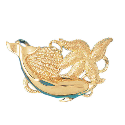 Shell, Starfish, Dolphin 14k Yellow Gold Nautical Slide Pendant #56